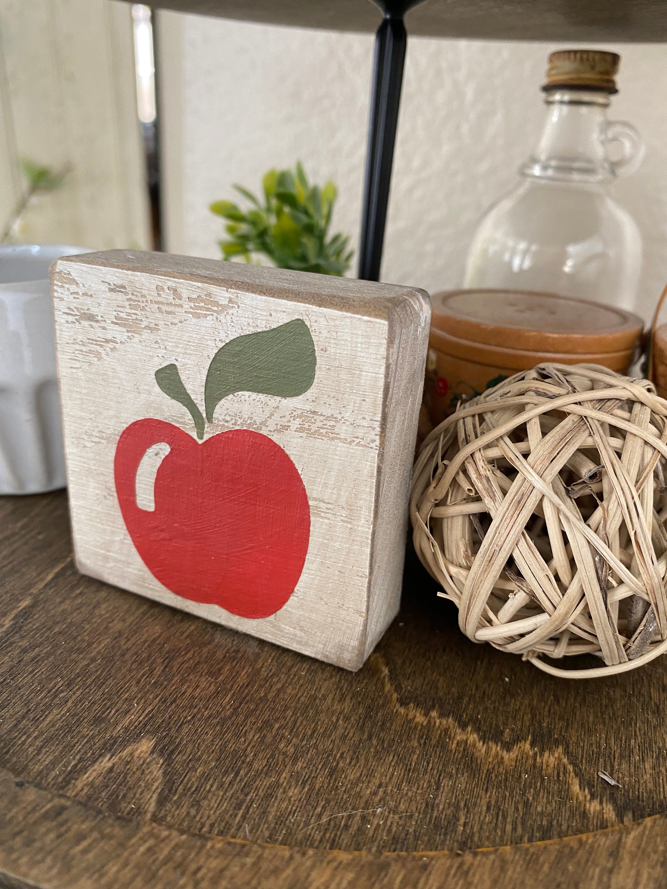 Handmade apple block wood block home decor Antiqued finish | Etsy