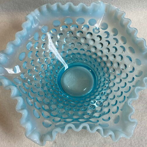 Fenton Blue Opalescent Hobnail Glass Bowl With Ruffled Edge | Etsy