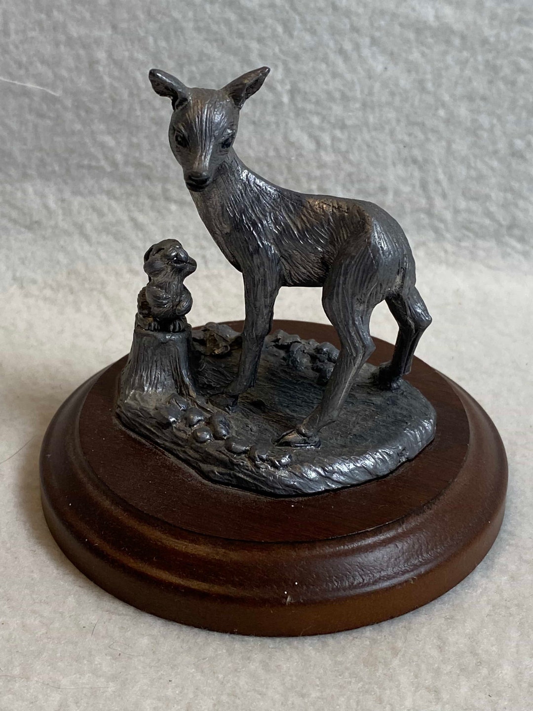 Vintage Ricker Pewter Deer With Bunny Figurine on Wooden Platform (# ...