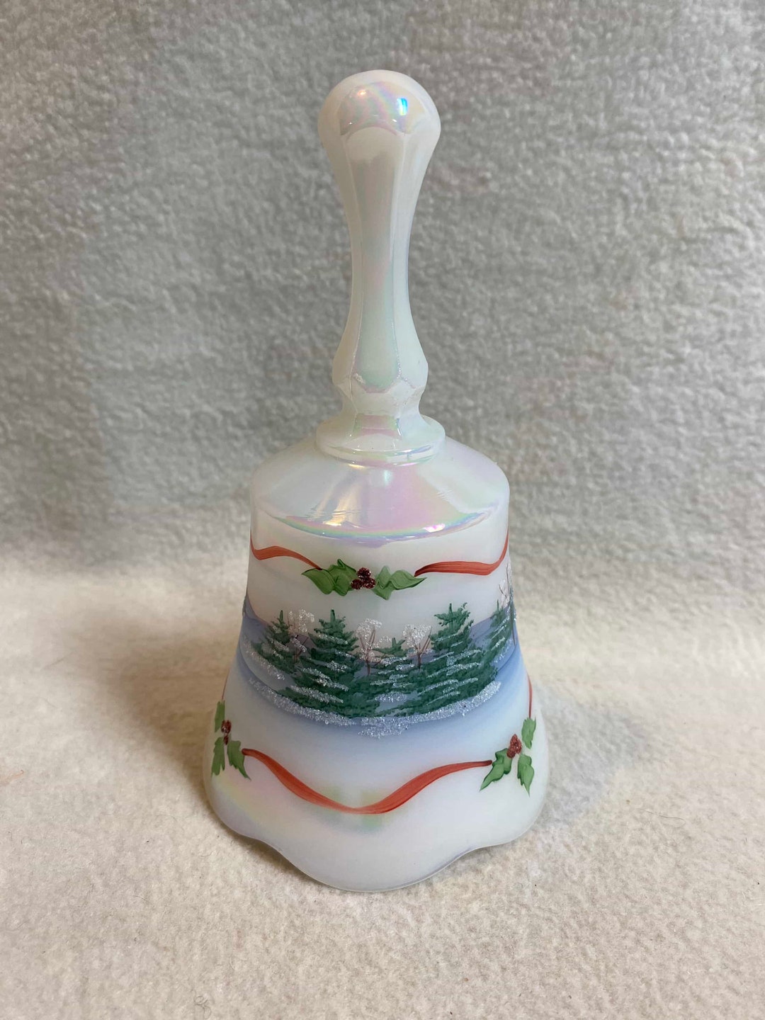 Fenton Hand-painted White Carnival Glass Winter Scene Hand Bell (# ...