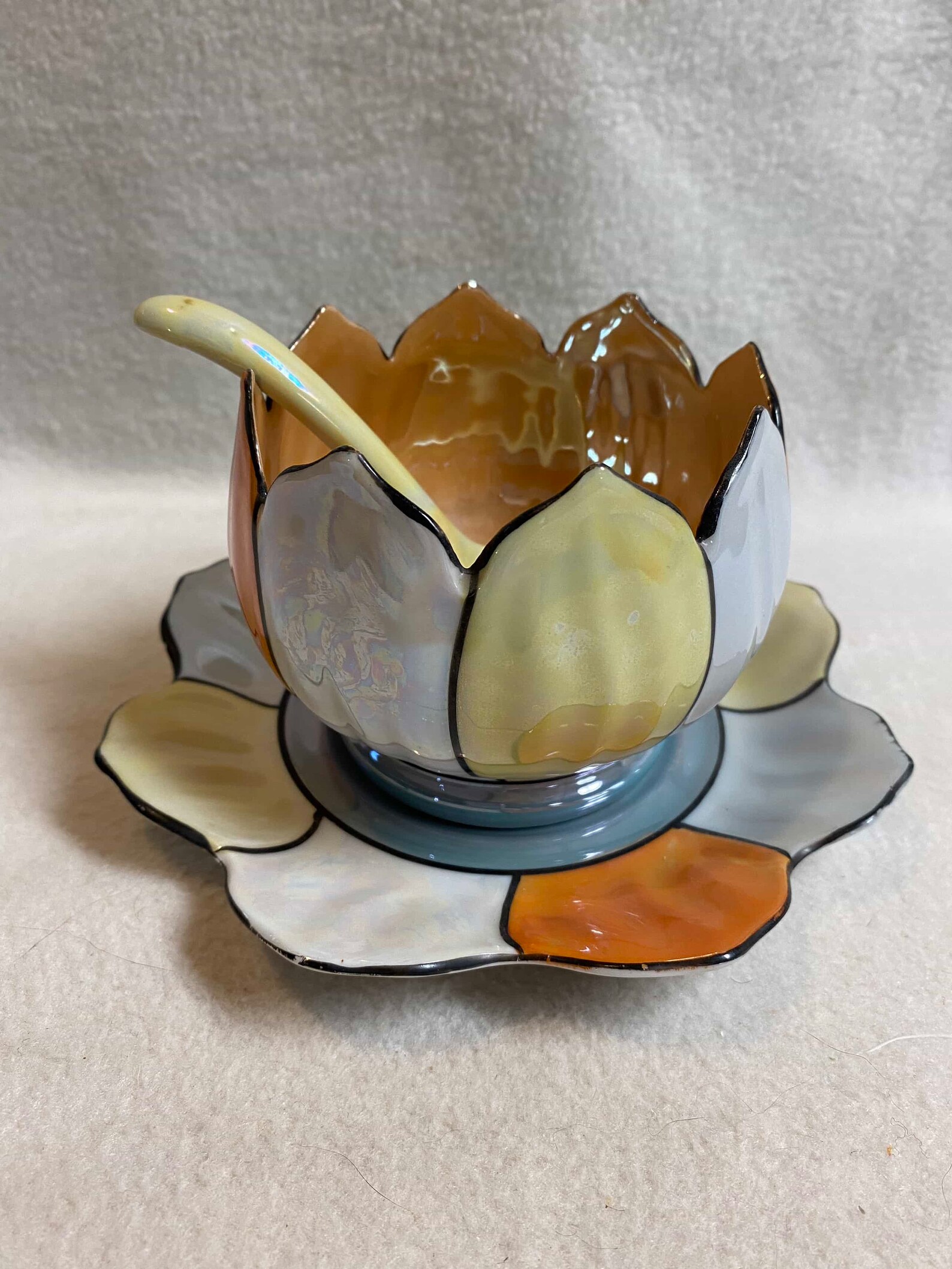 Vintage Japan Iridescent Hand-painted Lotus Bowl With Saucer and Spoon ...
