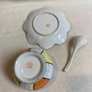 Vintage Japan Iridescent Hand-painted Lotus Bowl With Saucer and Spoon ...