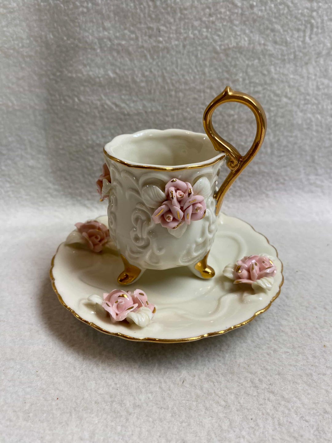 Vintage Cream-colored Cup and Saucer With Dimensional Pink Roses ...