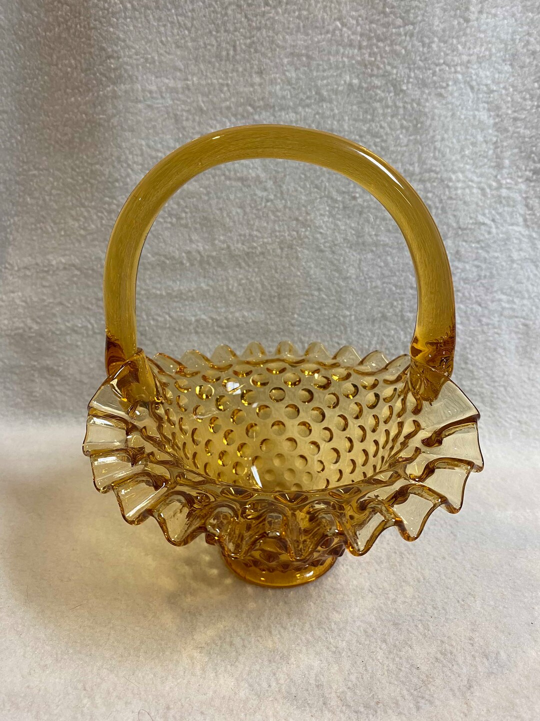Fenton Round Hobnail Golden Brown Handled Glass Ruffled Edge Basket (# ...