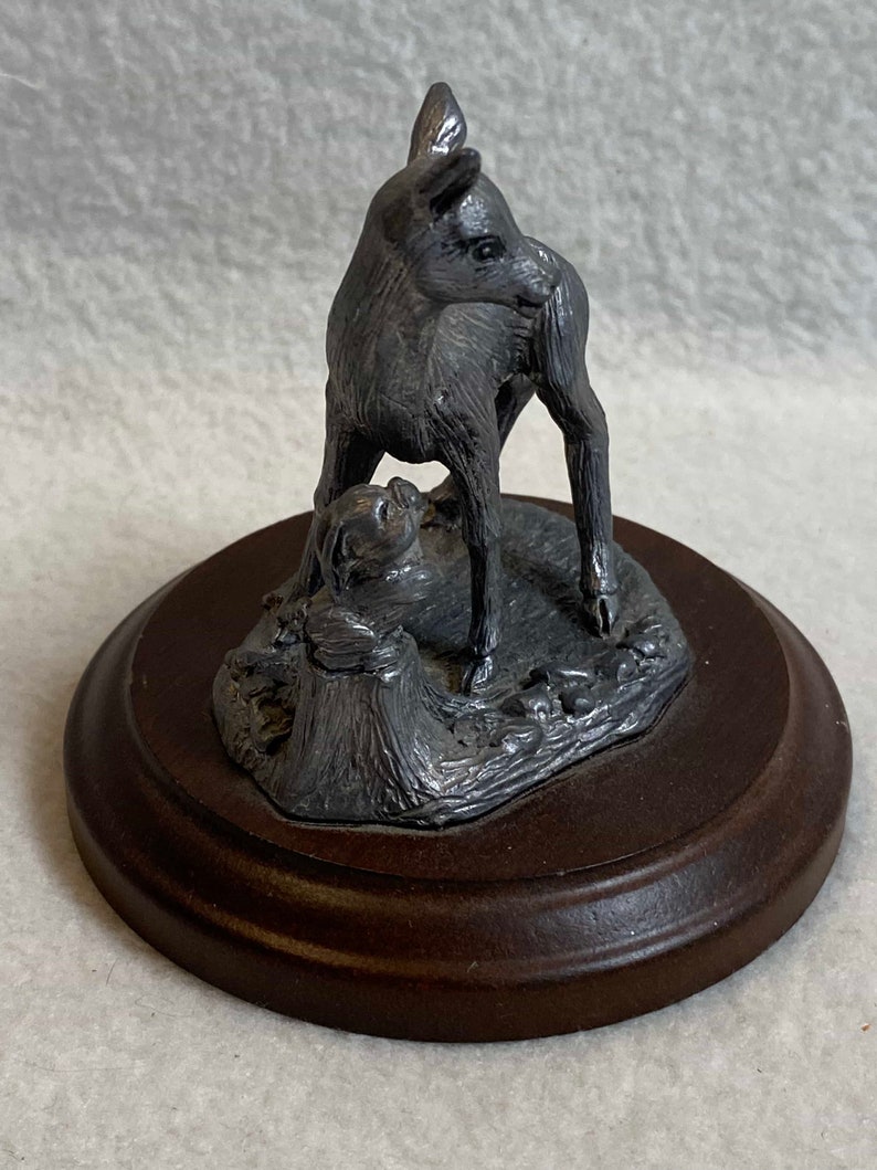 Vintage Ricker Pewter Deer With Bunny Figurine on Wooden - Etsy