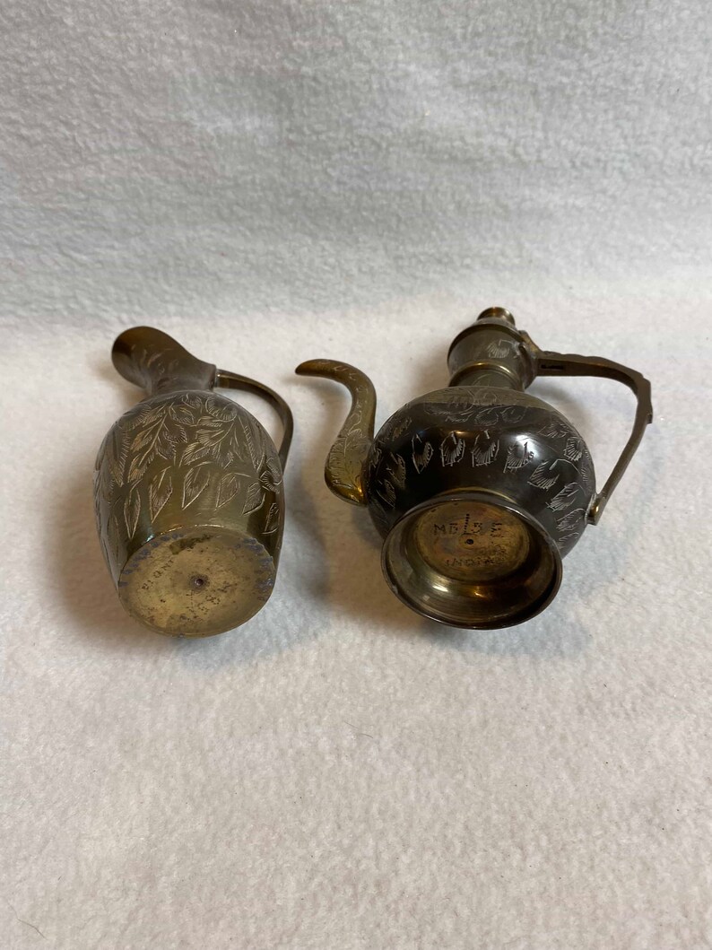 Vintage Indian Etched Brass Ewer Pitcher and Hinged Teapot/pitcher ...