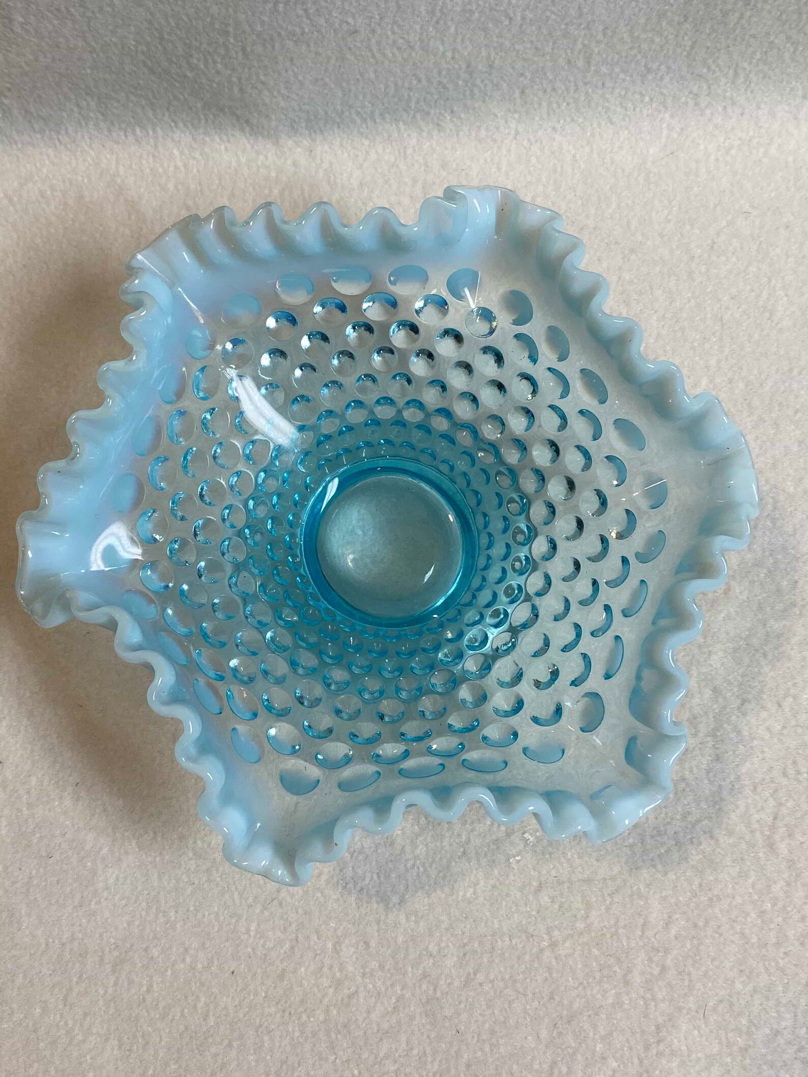 Fenton Blue Opalescent Hobnail Glass Bowl With Ruffled Edge | Etsy