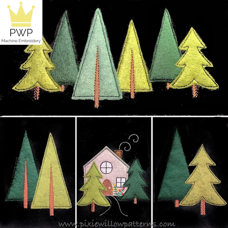 4x Woodland Trees Applique Design. Machine Embroidery Applique Patterns ...