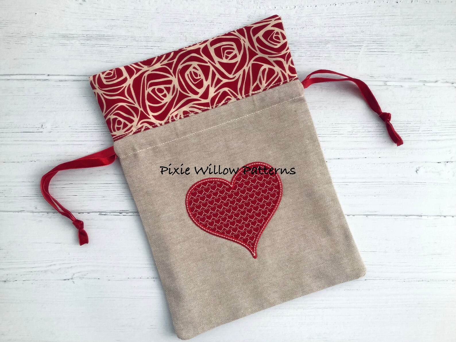 ITH Heart Applique Drawstring Bag: Fully Lined Machine Embroidery ...