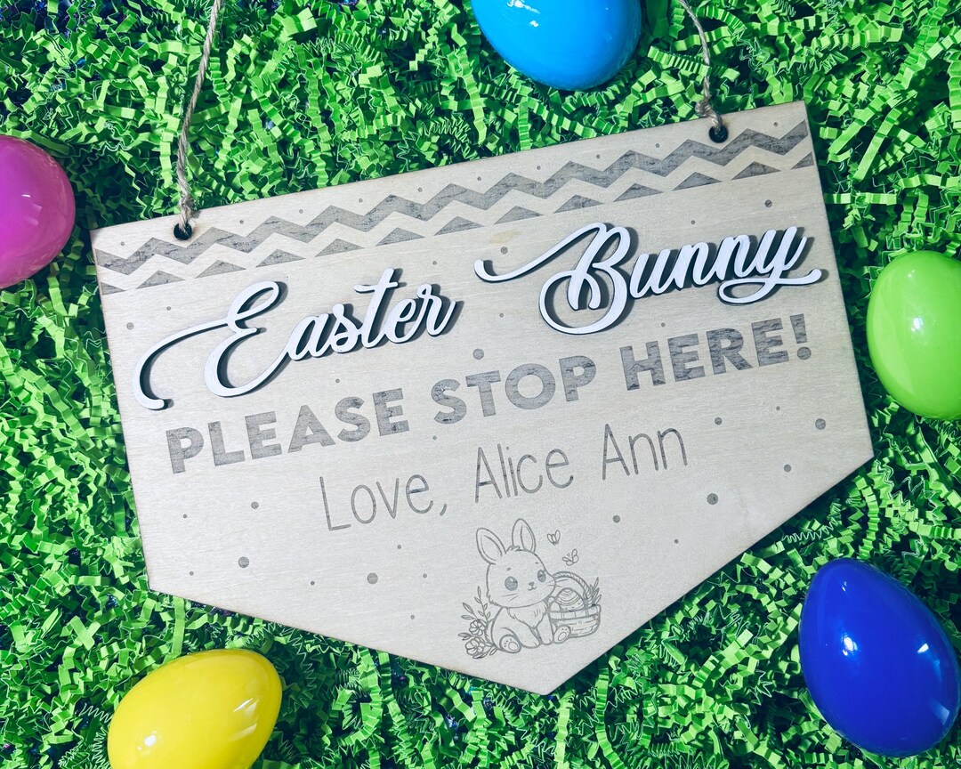 Easter Bunny Stop Here Sign | Personalized Easter Wooden Flag | Hanging ...