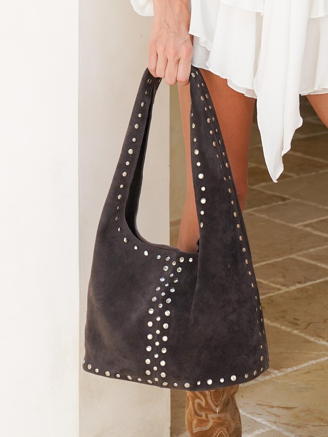 Studded Suede Leather Handbag: Silver Accent Purse - Etsy