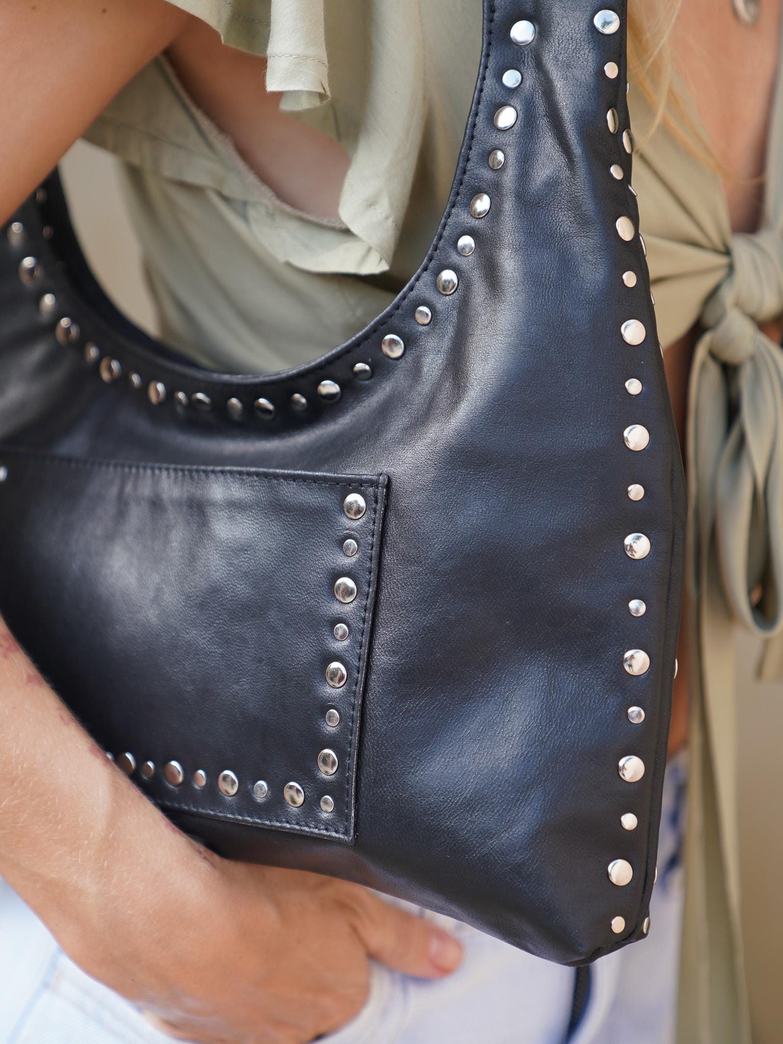 Black Leather Studded Shoulder Bag, Small Leather Purse - Etsy