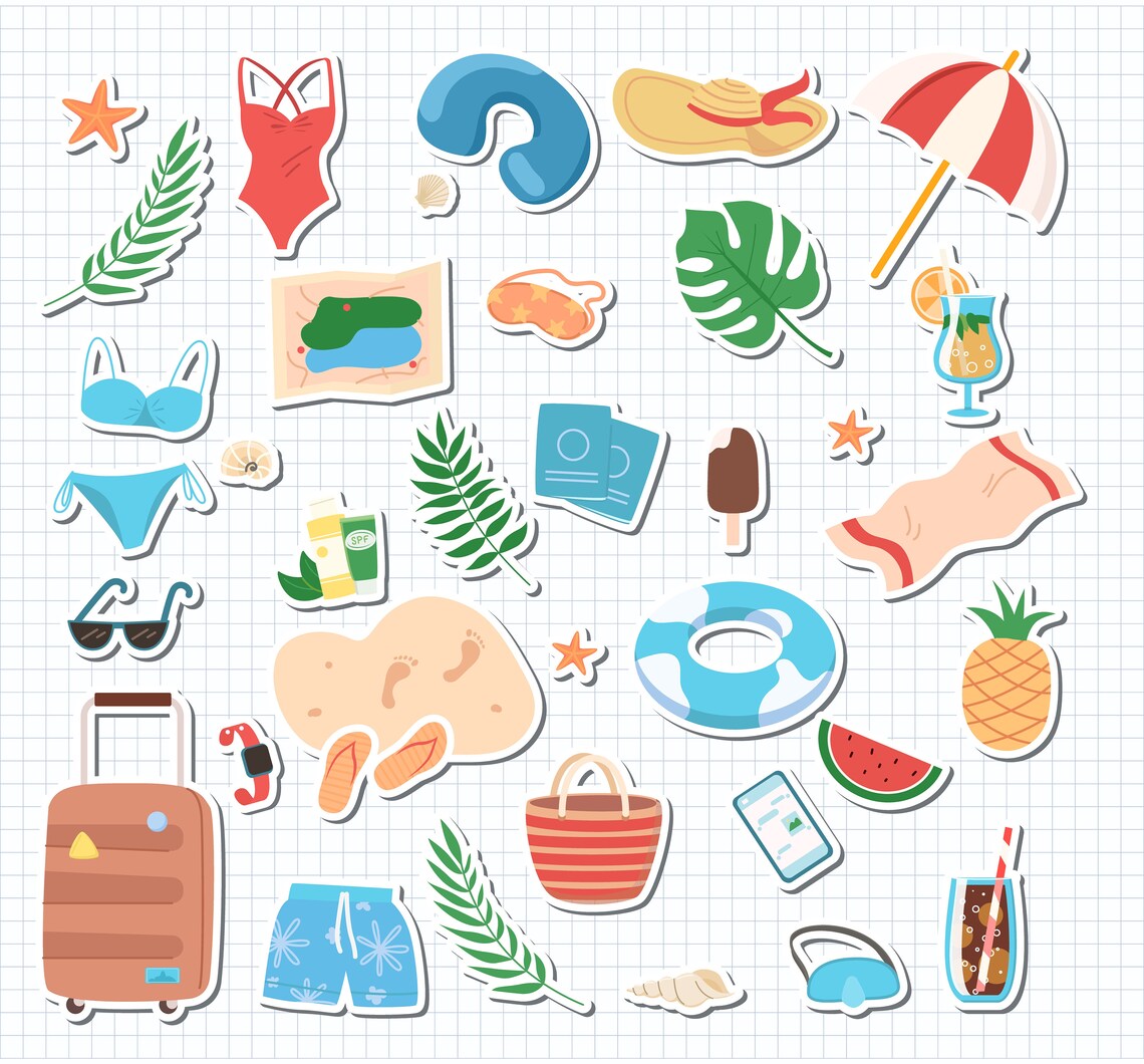 Cute Summer Vacation Stickers Set. Stickers for Print and Planner ...