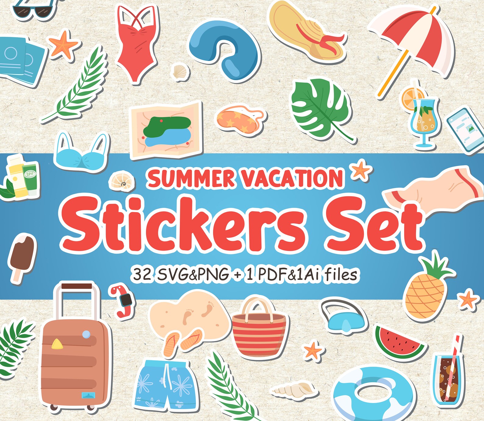 Cute Summer Vacation Stickers Set. Stickers for Print and Planner ...