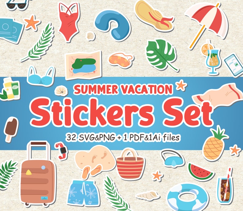 Cute Summer Vacation Stickers Set. Stickers for Print and Planner ...