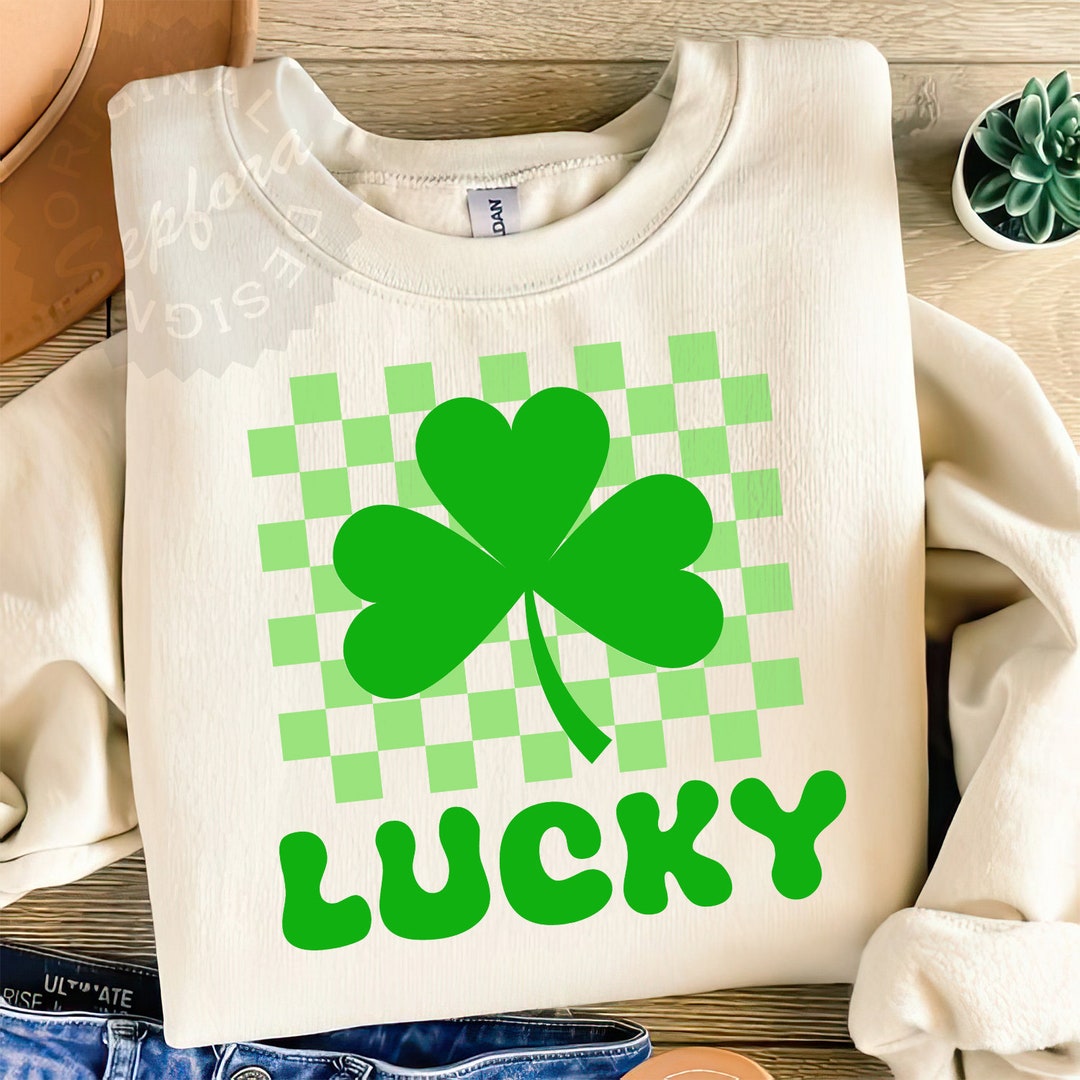 Retro Lucky Groovy Green Shamrock Svg on a Checkered Background for ...