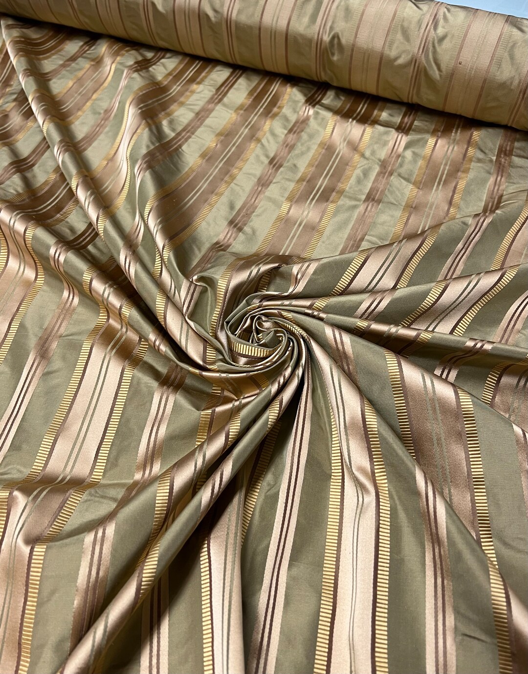 100% Silk Taffeta Satin Stripes, Beautiful Olive Green Gold Satin ...