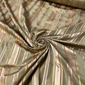 100% Silk Taffeta Satin Stripes, Beautiful Olive Green Gold Satin ...