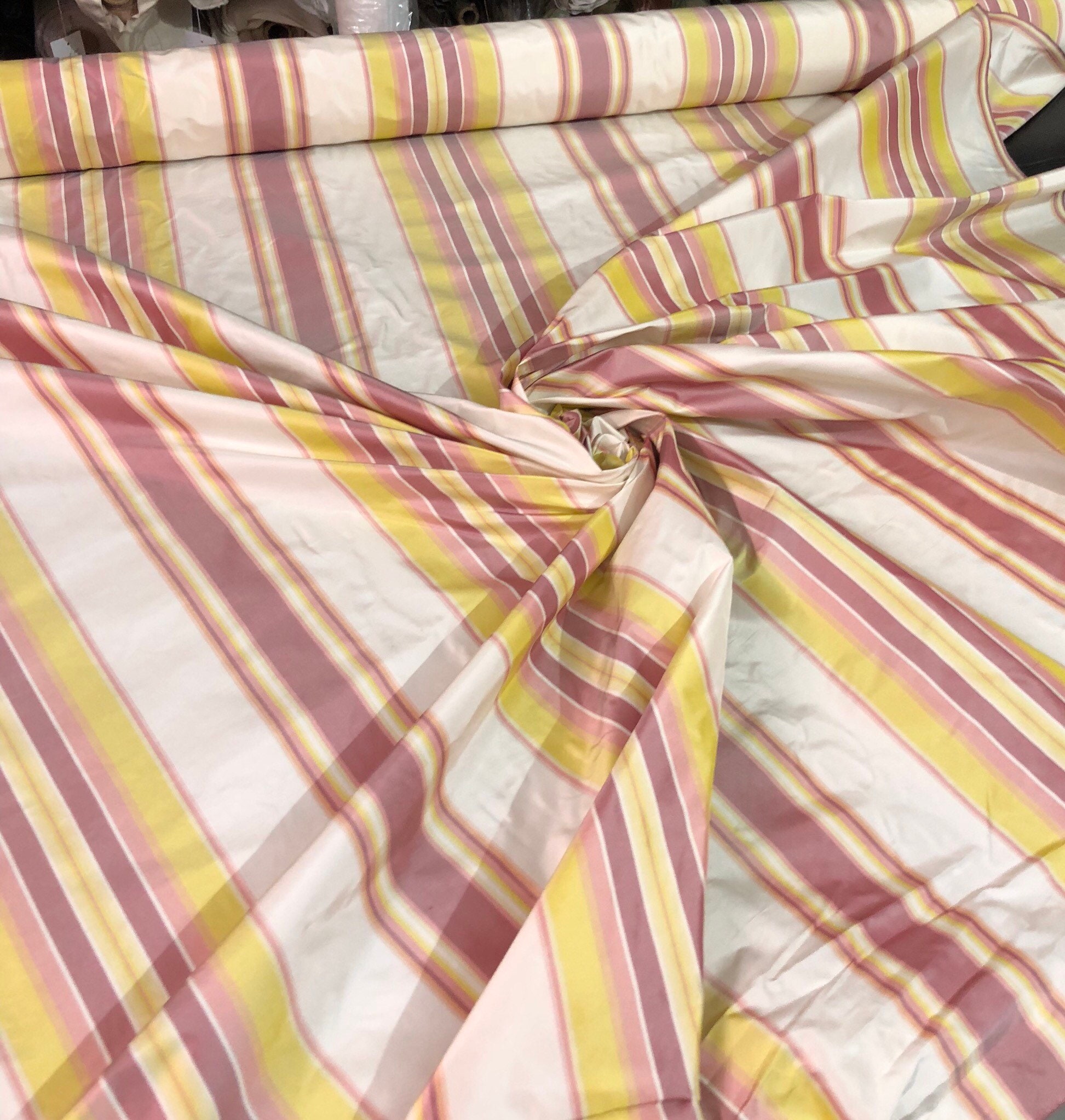 100% silk taffeta stripe 54 wide Beautiful pink yellow white color Fabric sold by the yard