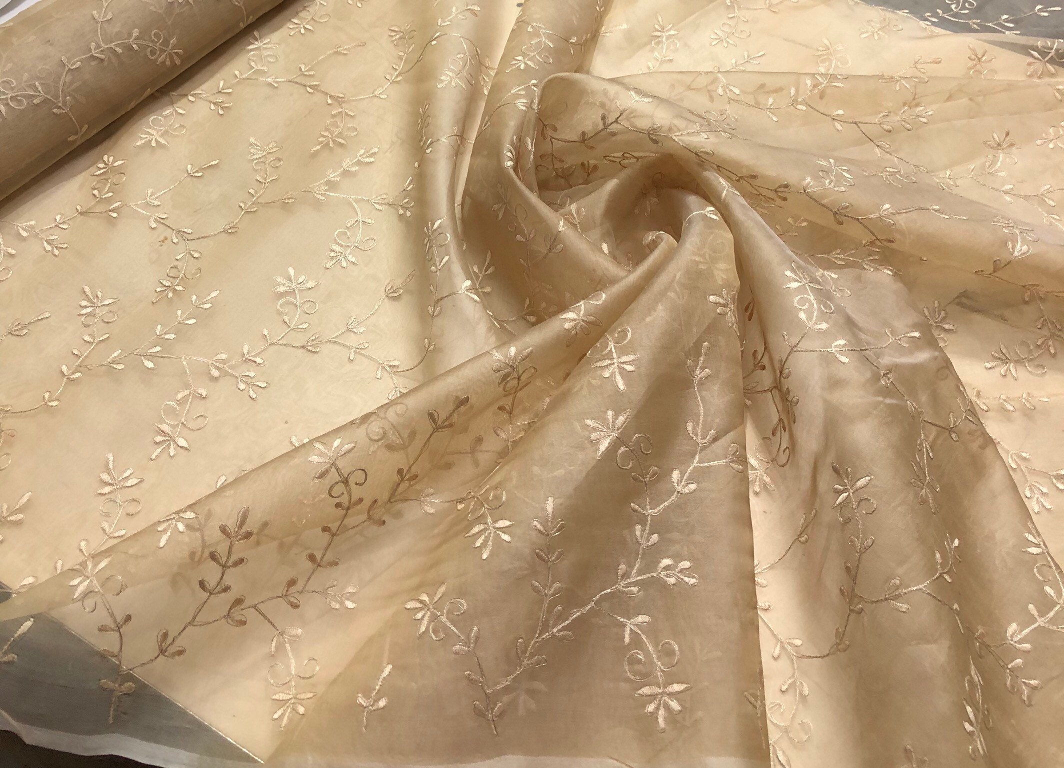100 Silk Organza Floral Embroidery 54 Wide Beautiful Gold Color Sold