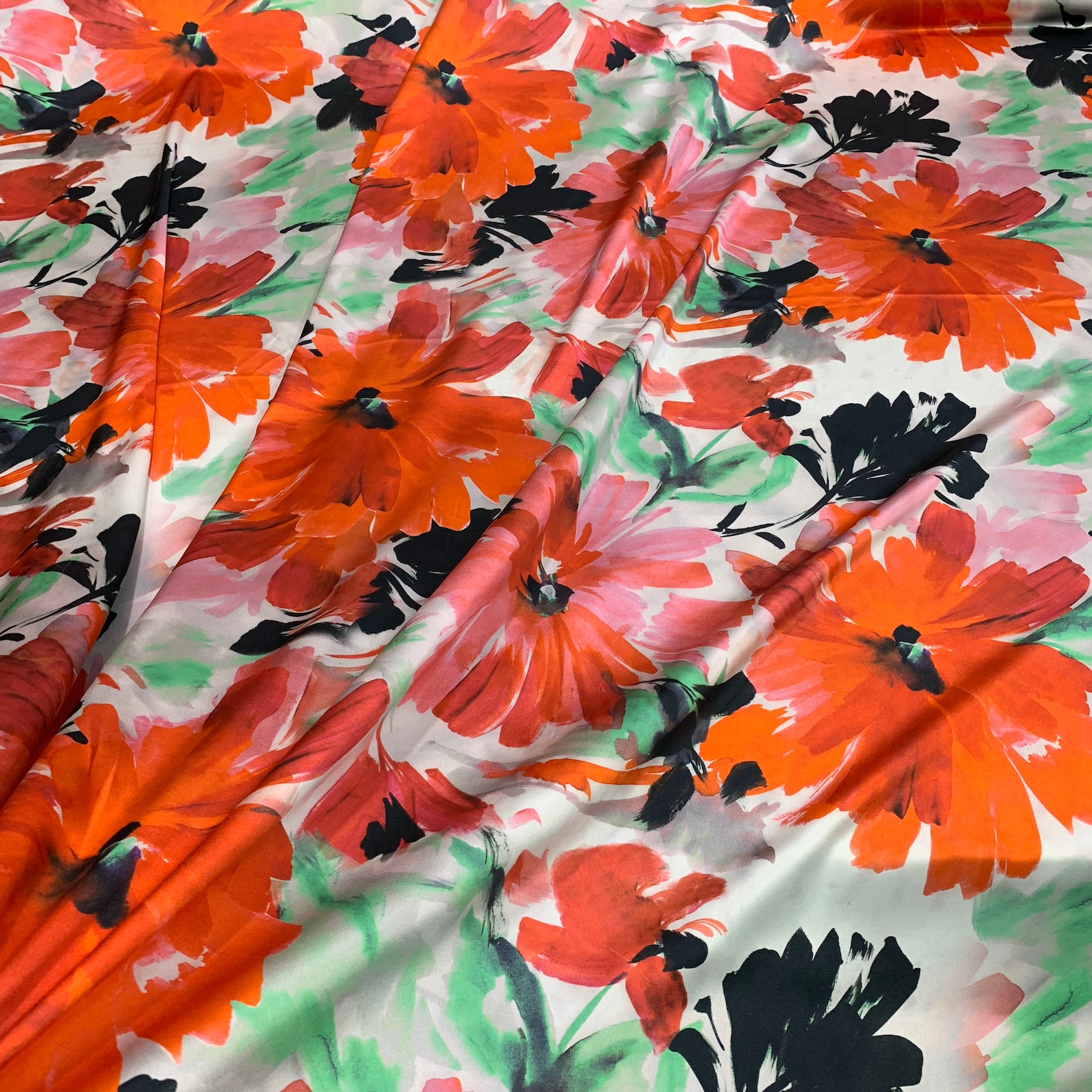 100% Silk Satin Charmouse 54” Wide. Beautiful Red Black White Floral ...