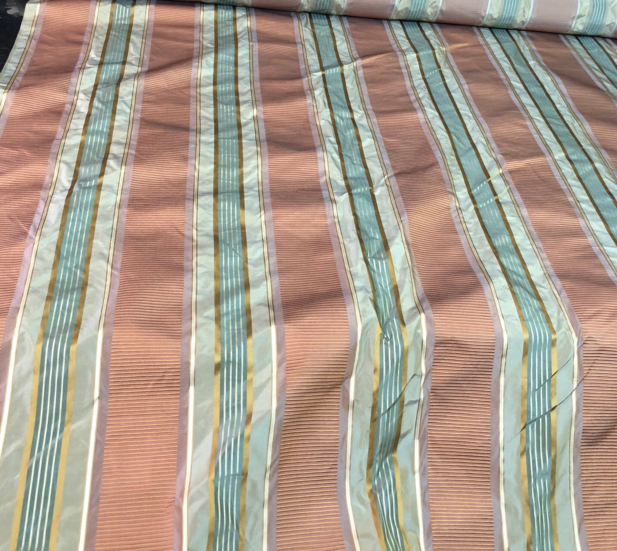 Silk taffeta satin stripe 54 wide Beautiful aqua copper gold color Fabric sold by the yard
