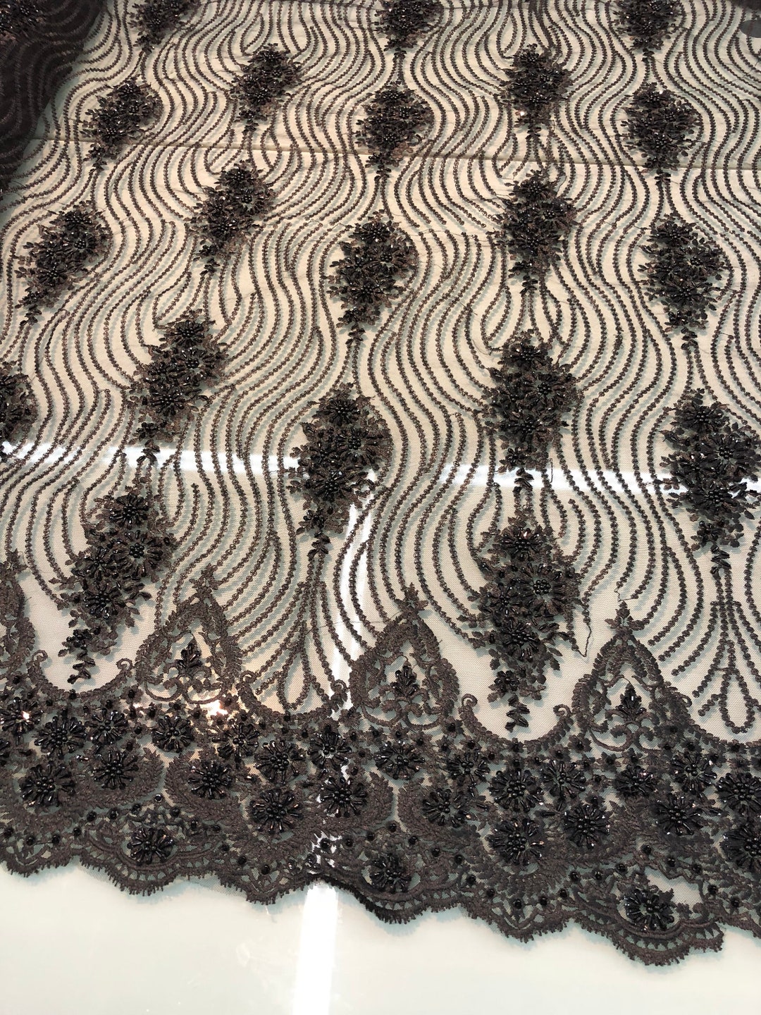 Hand Embroided Floral & Border Style Black Lace Mesh Fabric Sold by the ...