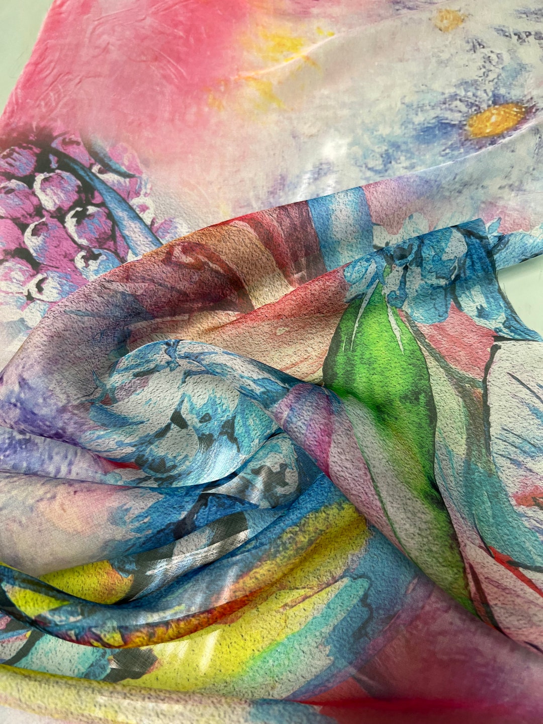 100% Silk Satin Face Chiffon Digital Print 54" Wide Beautiful Rainbow ...