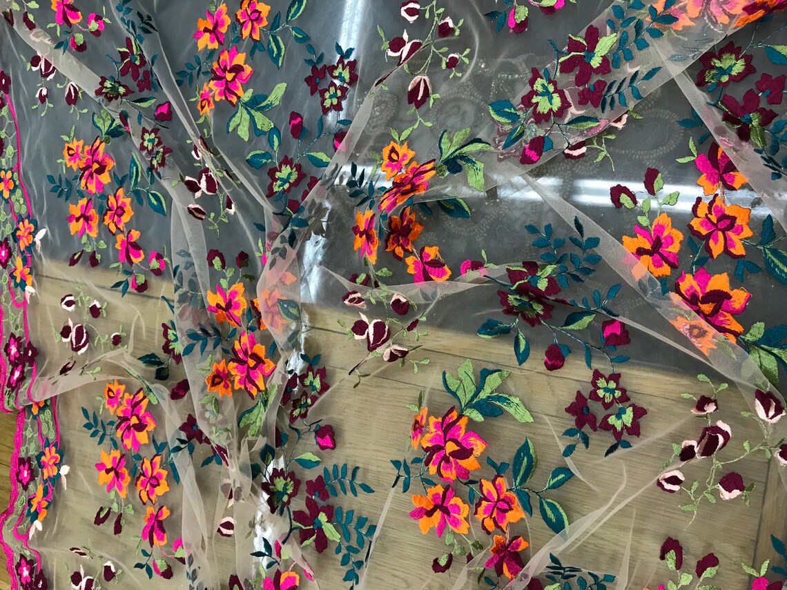 Italian Designer Fabric Floral Embroidery on Tulle Fabric. | Etsy