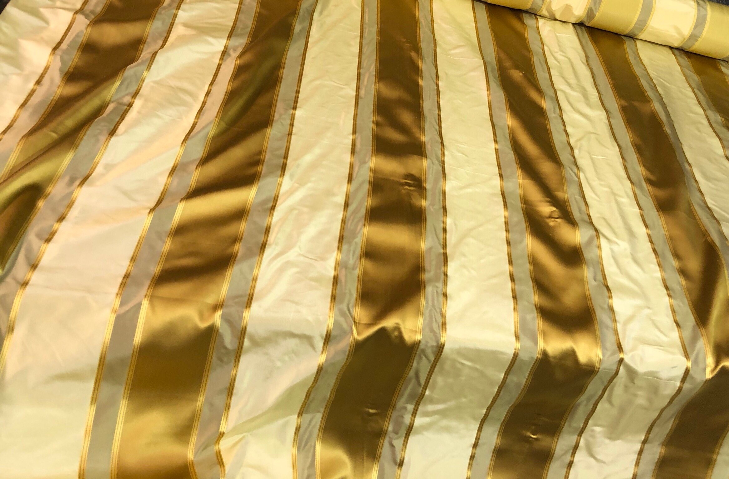 Silk satin taffeta stripe 54 wide Beautiful gold yellow cream color Fabric sold by the yard