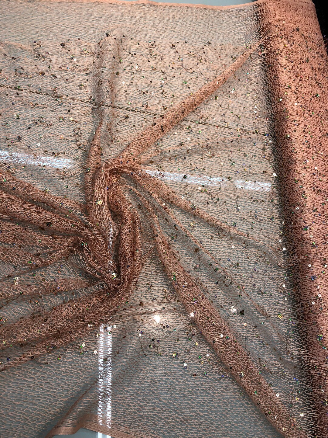 Mesh Fabric With Sequin Embroidery, Beautiful Champagne Color Mesh With ...