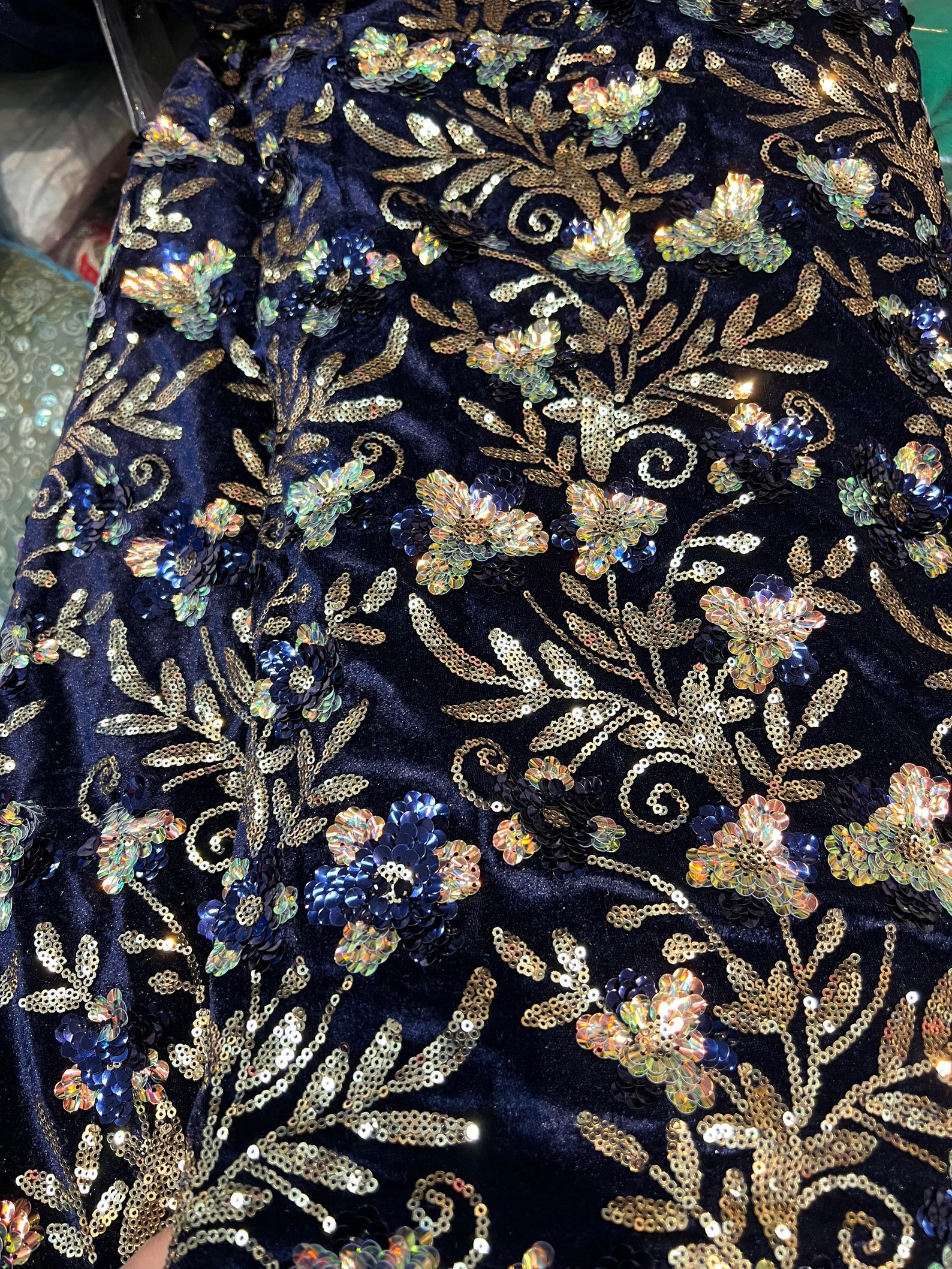 Velvet With Sequence Embroidered 45" Wide Beautiful Navy Velvet With ...
