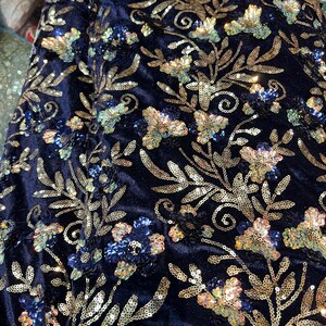 Velvet With Sequence Embroidered 45" Wide Beautiful Navy Velvet With ...