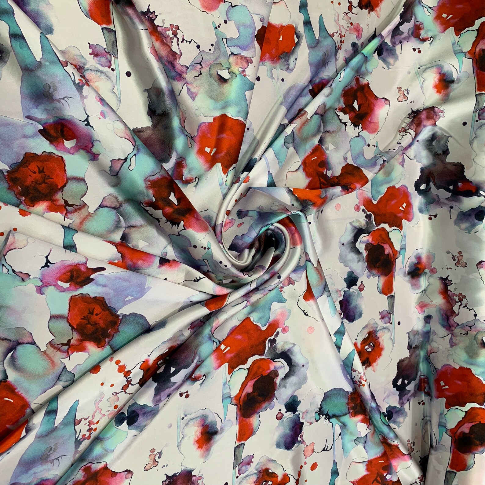 100% Silk Satin Charmouse 54” Wide. Beautiful White Gray Base Floral ...