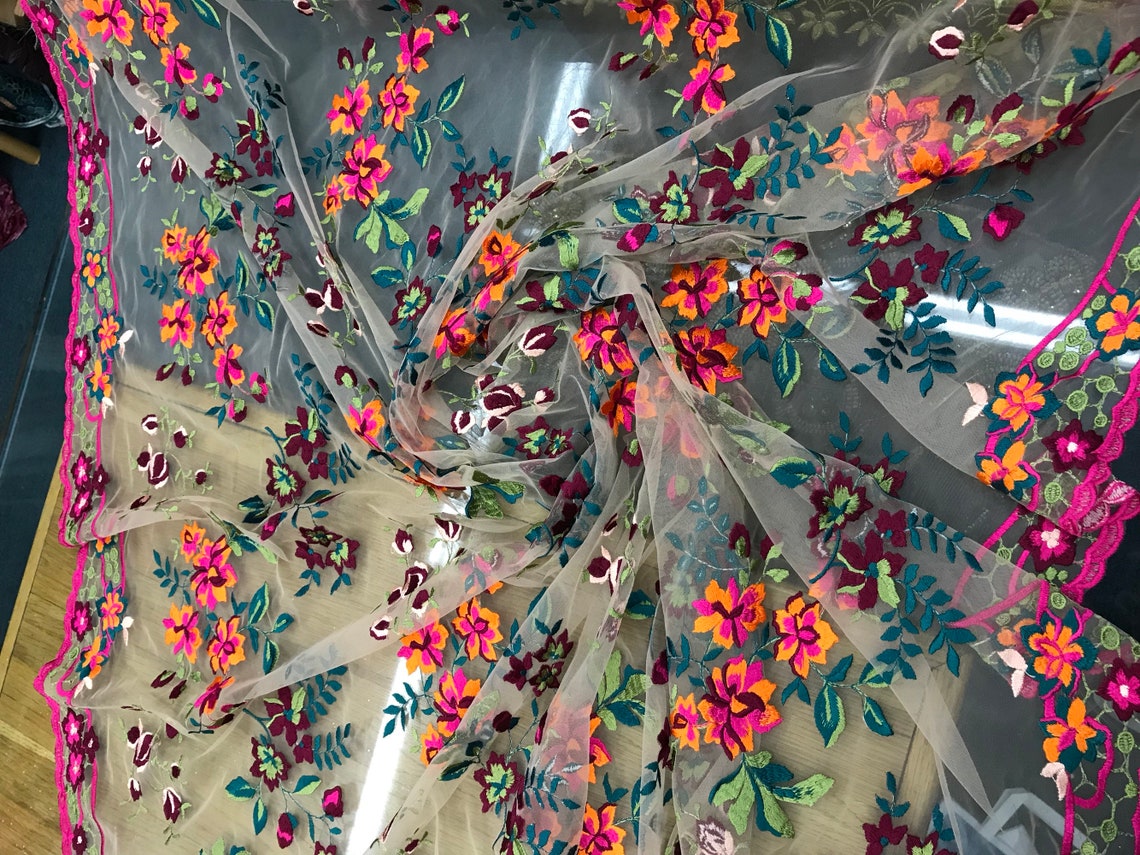 Italian Designer Fabric Floral Embroidery on Tulle Fabric. Price for ...
