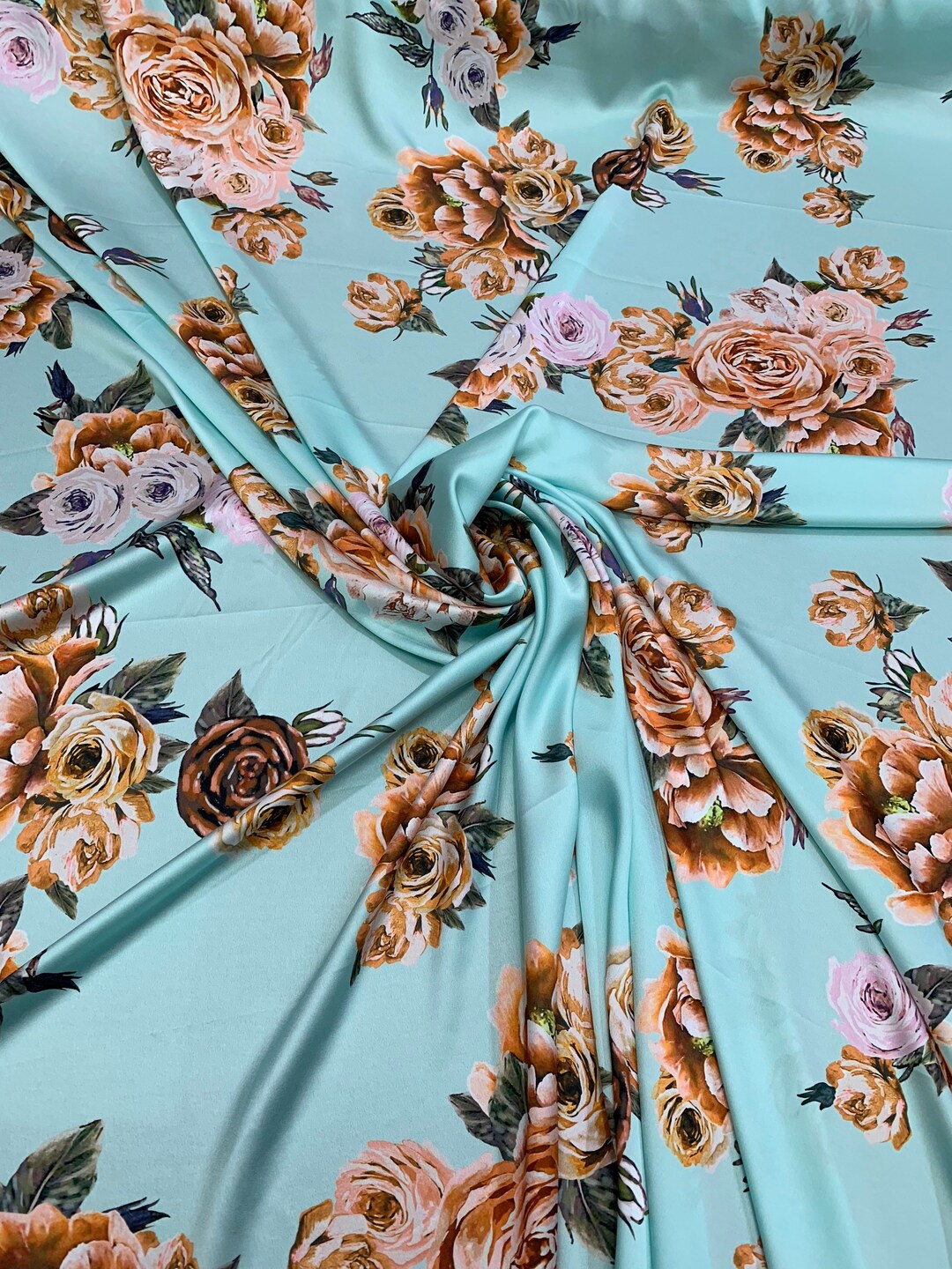 Digital Printed Satin Charmouse 54 Wide. Beautiful Aqua Base Floral ...