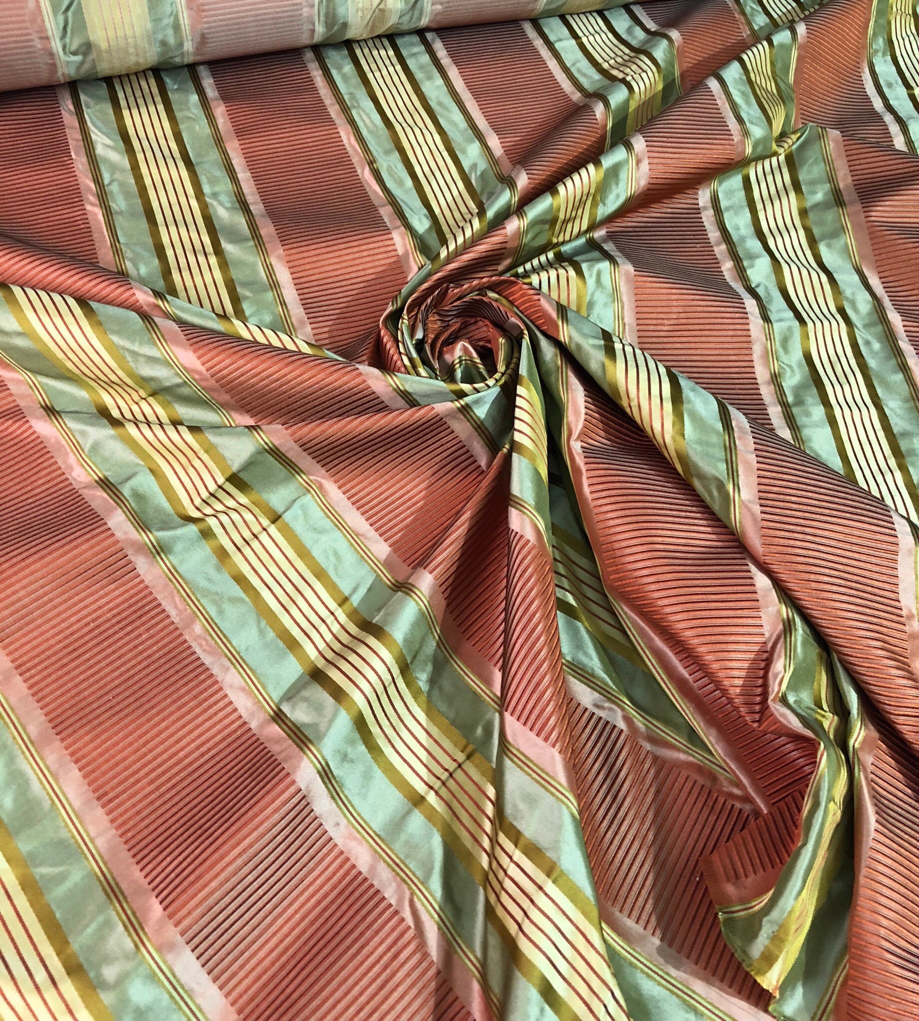 Silk satin stripe 54 wide Beautiful copper green gold mix color ...