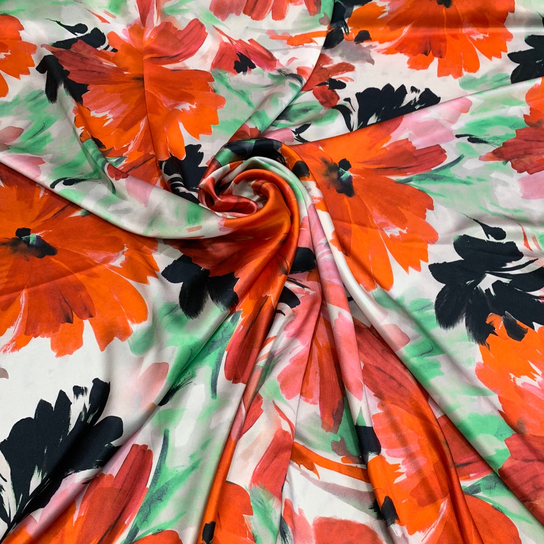 100% Silk Satin Charmouse 54” Wide. Beautiful Red Black White Floral ...