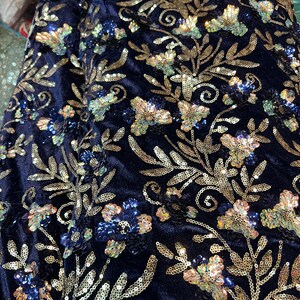 Velvet With Sequence Embroidered 45" Wide Beautiful Navy Velvet With ...