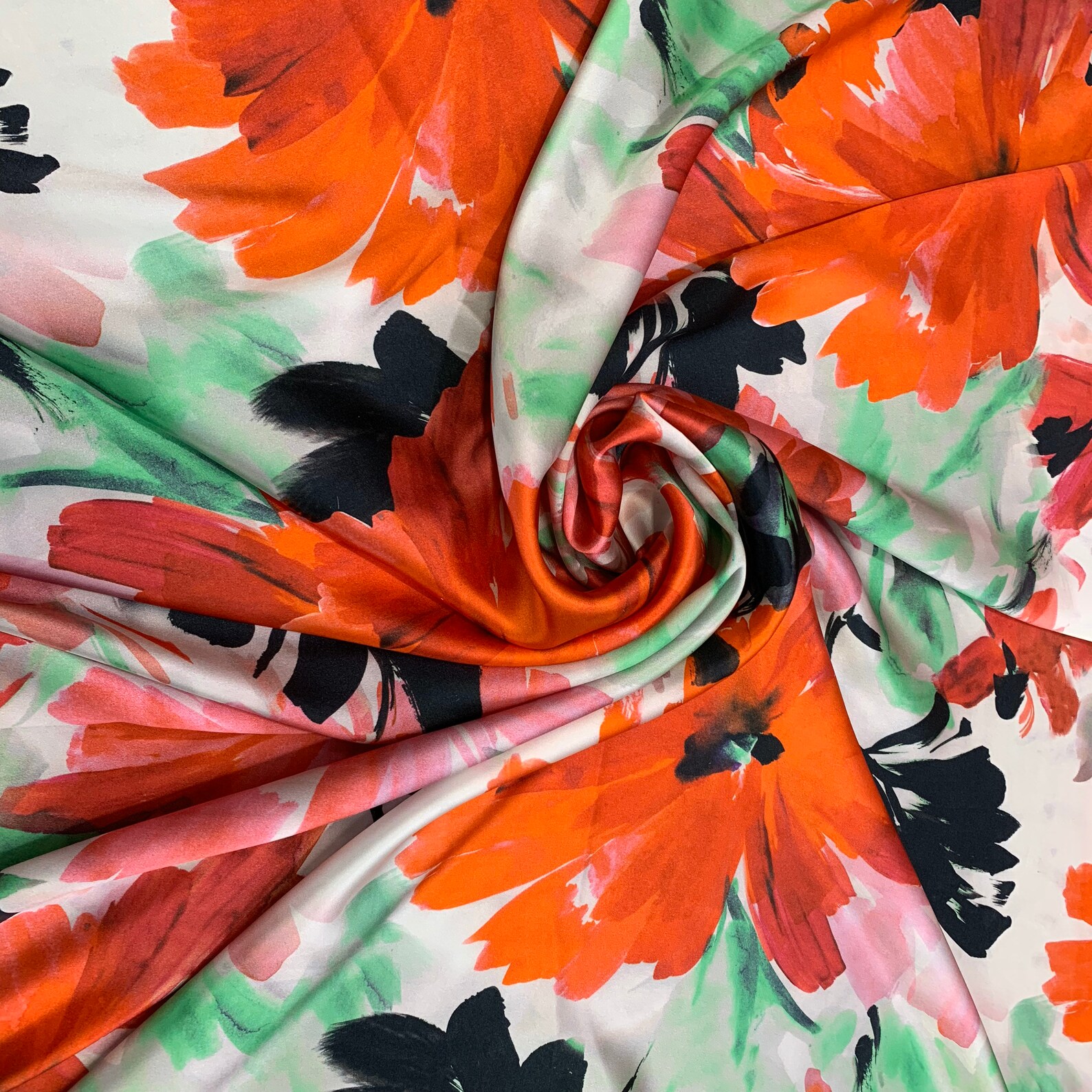 100% Silk Satin Charmouse 54” Wide. Beautiful Red Black White Floral ...
