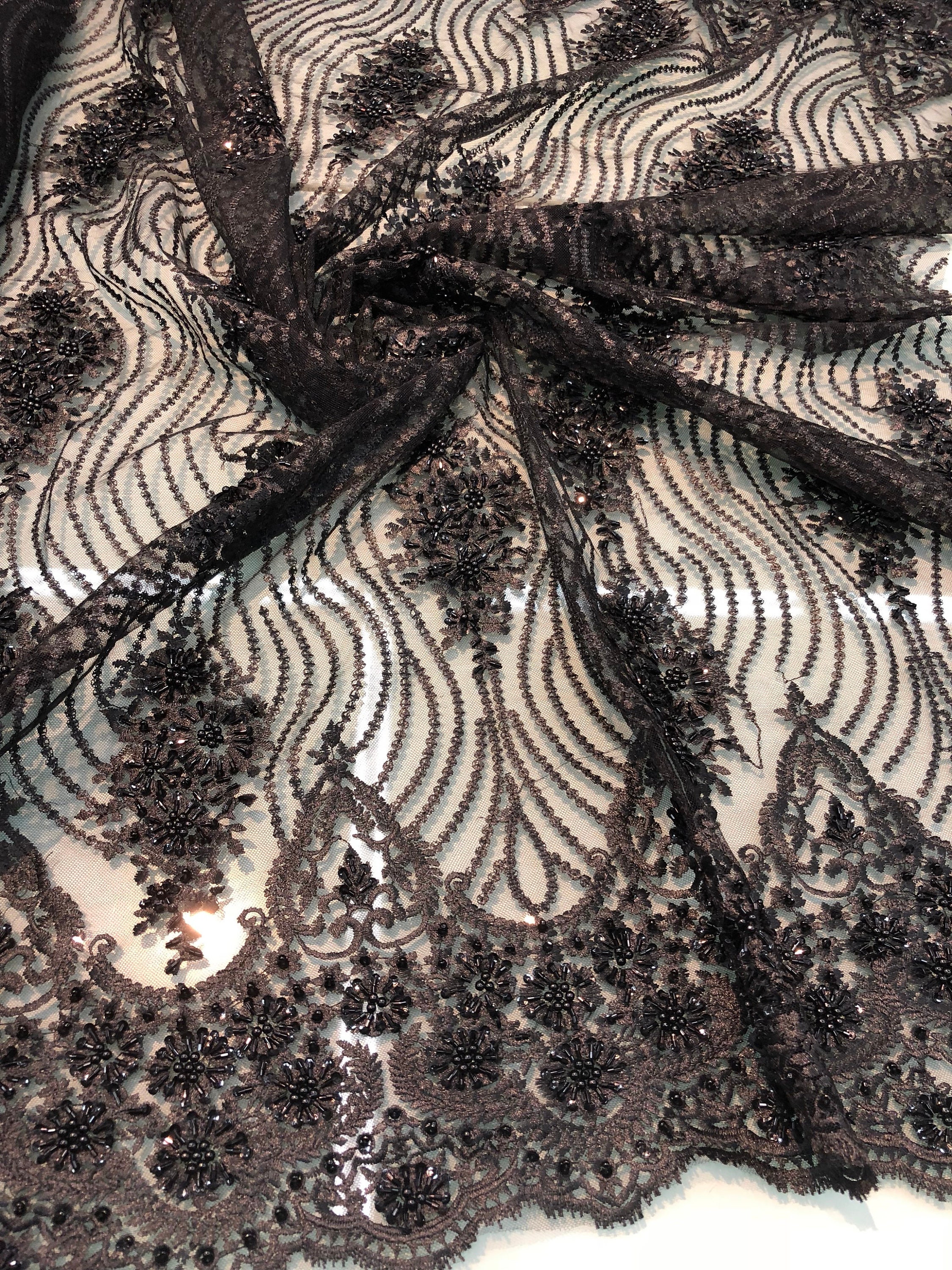 Hand Embroided Floral & Border Style Black Lace Mesh Fabric | Etsy