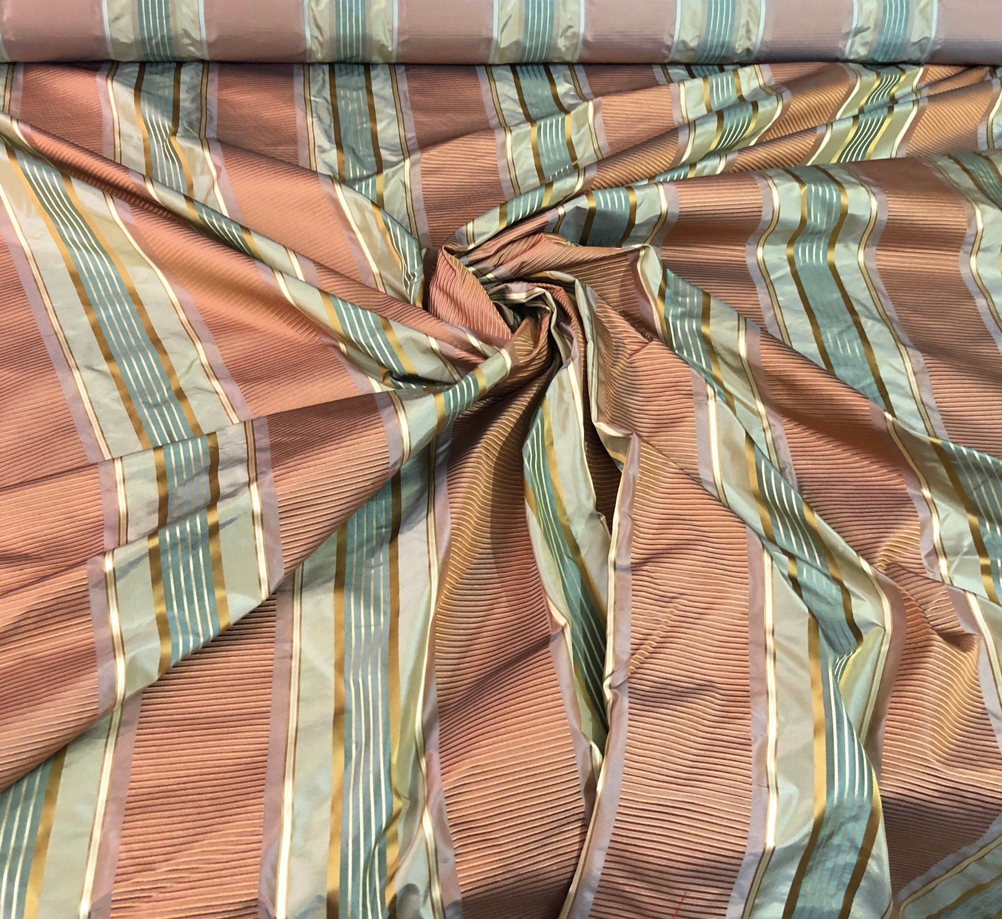 Silk taffeta satin stripe 54 wide Beautiful aqua copper gold color Fabric sold by the yard