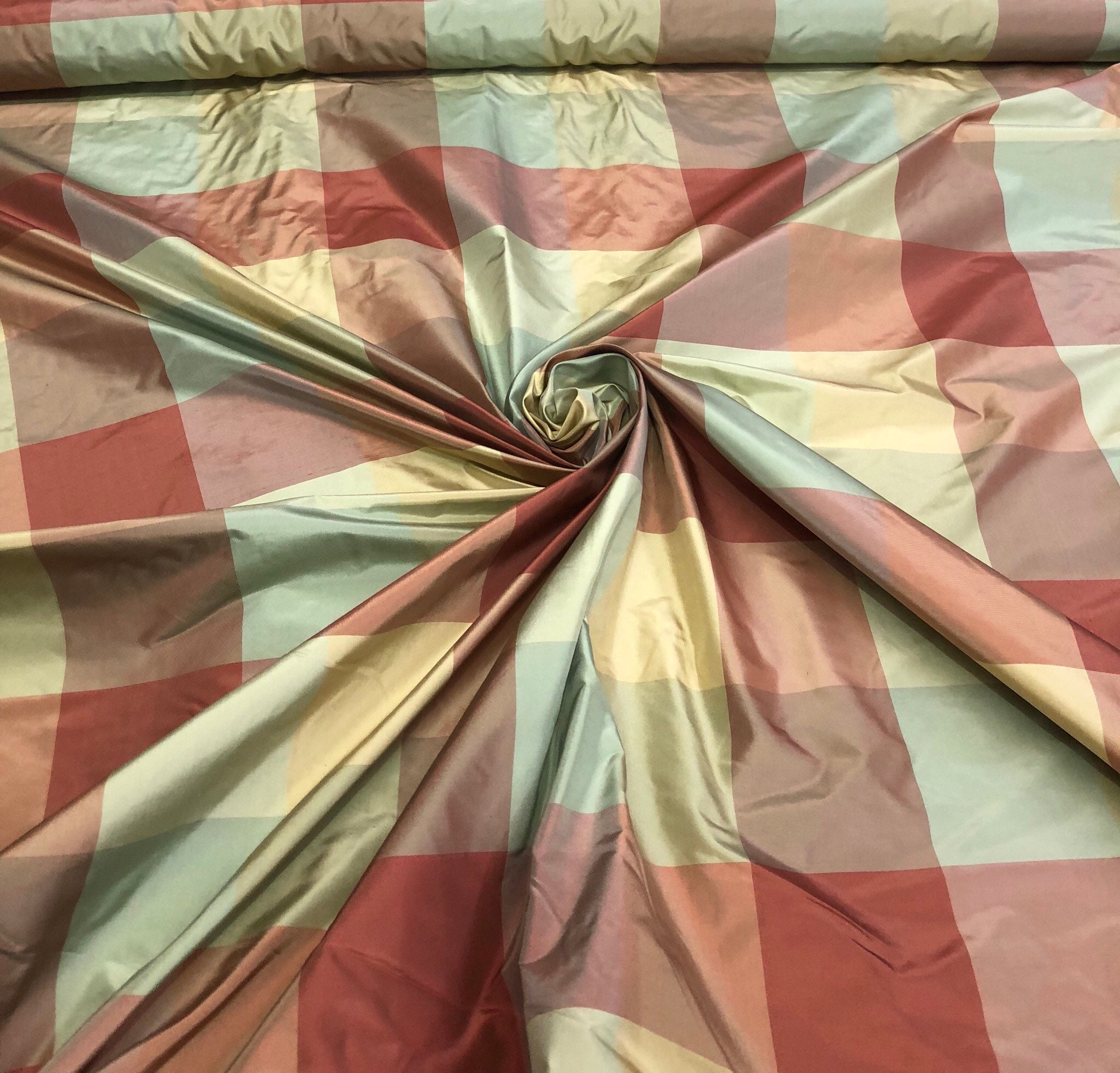Silk taffeta plaid 54 wide Beautiful sage green gold wine mix silk taffeta fabric sold by the yard