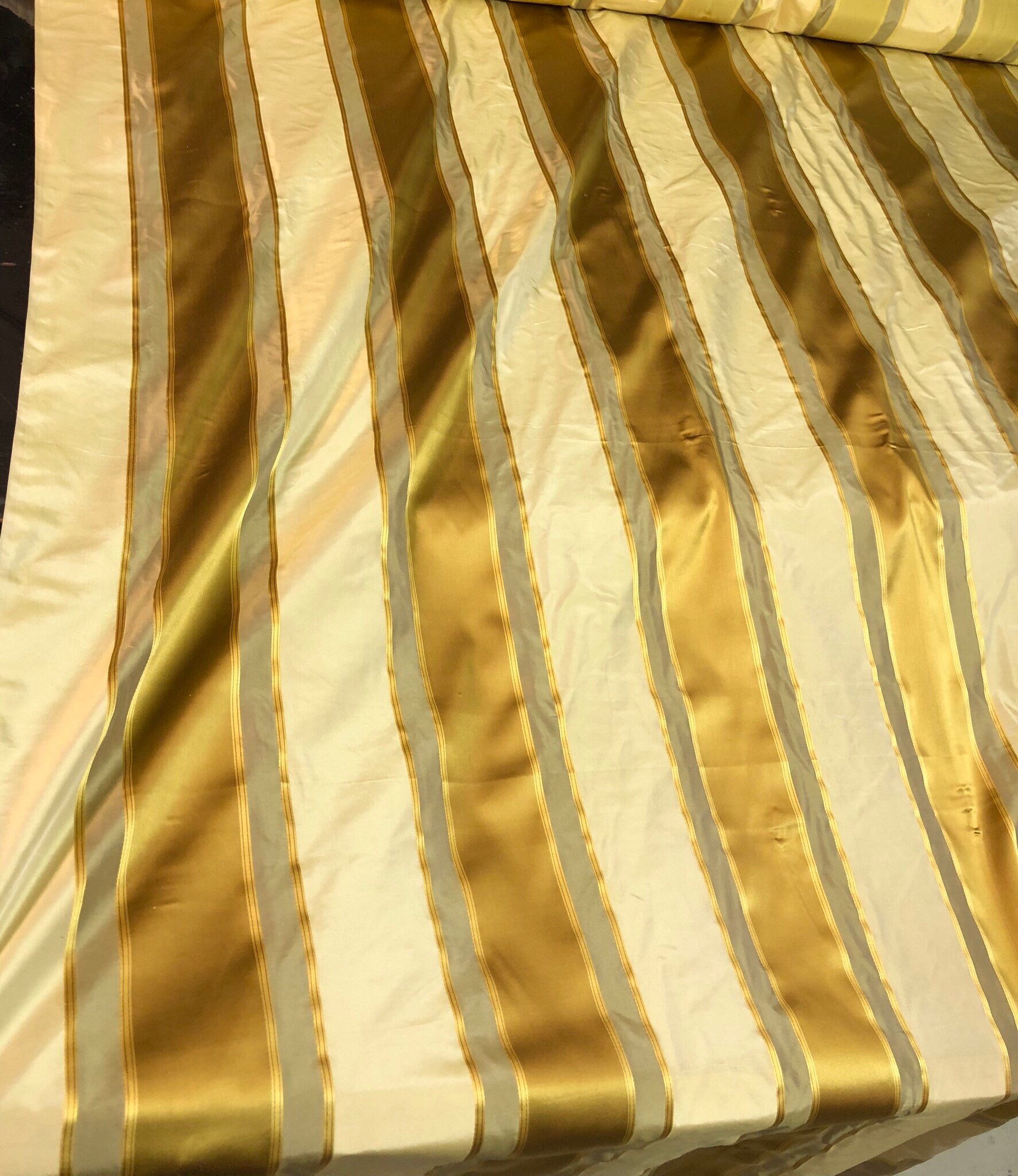 Silk satin taffeta stripe 54 wide Beautiful gold yellow cream color Fabric sold by the yard