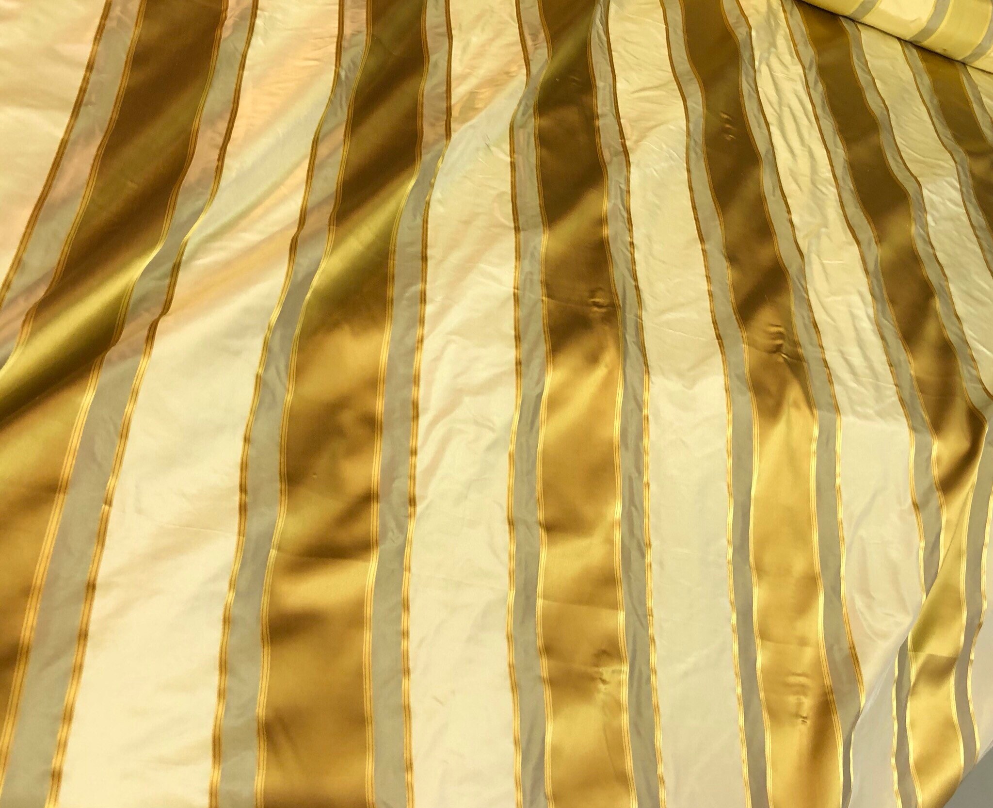 Silk satin taffeta stripe 54 wide Beautiful gold yellow cream color Fabric sold by the yard