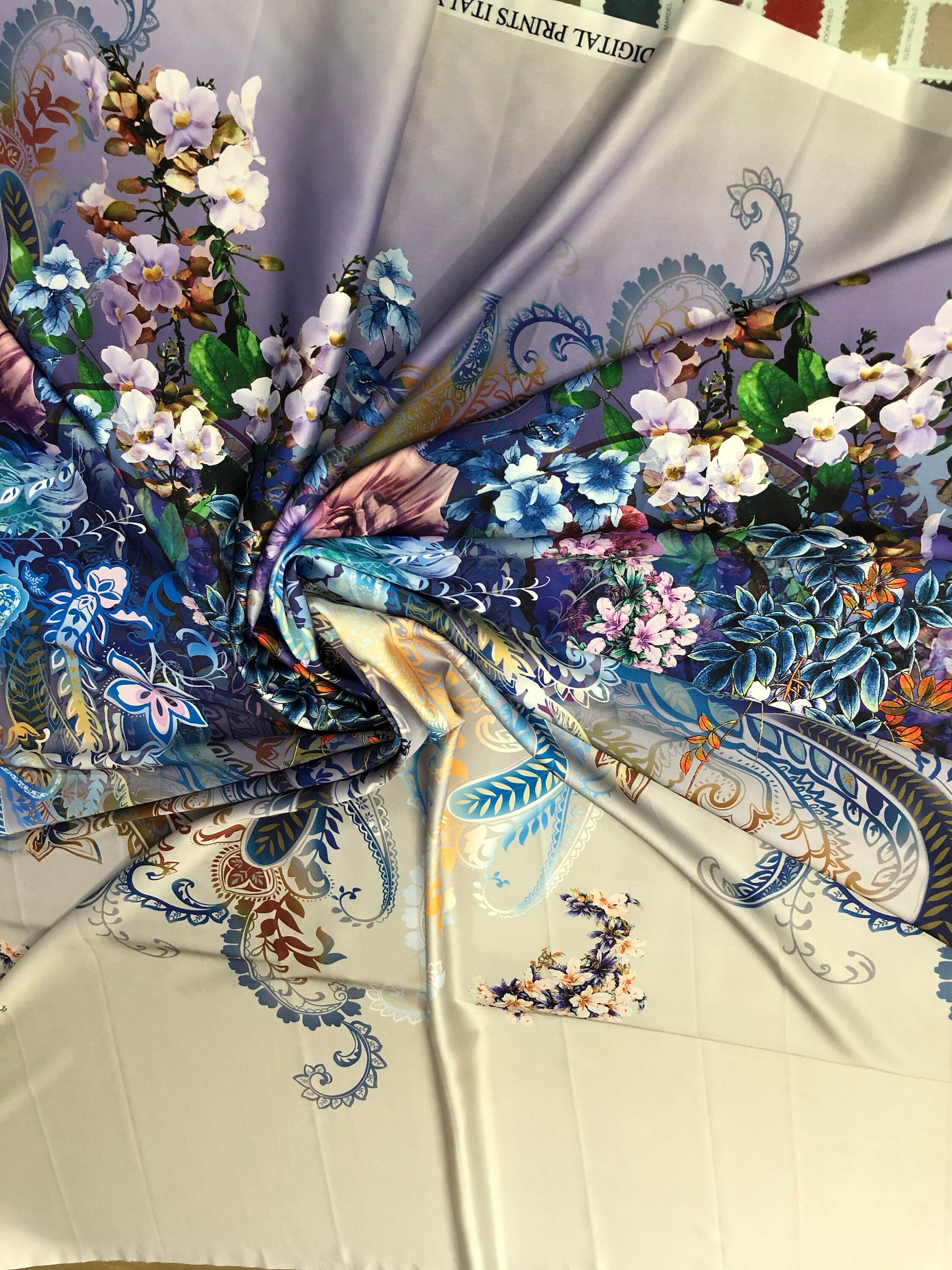 Satin charmeuse digital print 54 wide Beautiful floral border design ...
