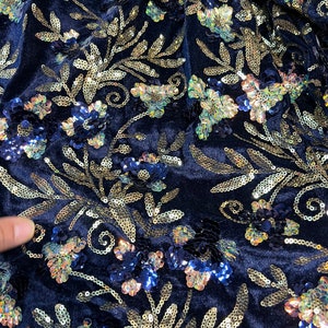 Velvet With Sequence Embroidered 45" Wide Beautiful Navy Velvet With ...