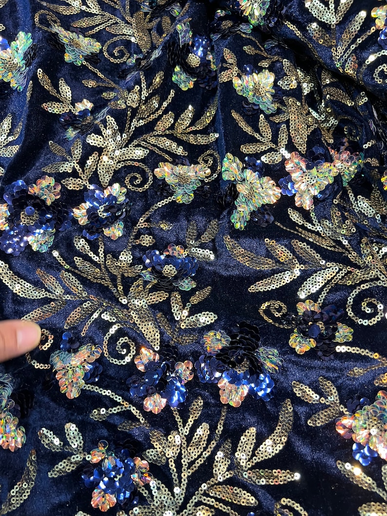 Velvet With Sequence Embroidered 45" Wide Beautiful Navy Velvet With ...