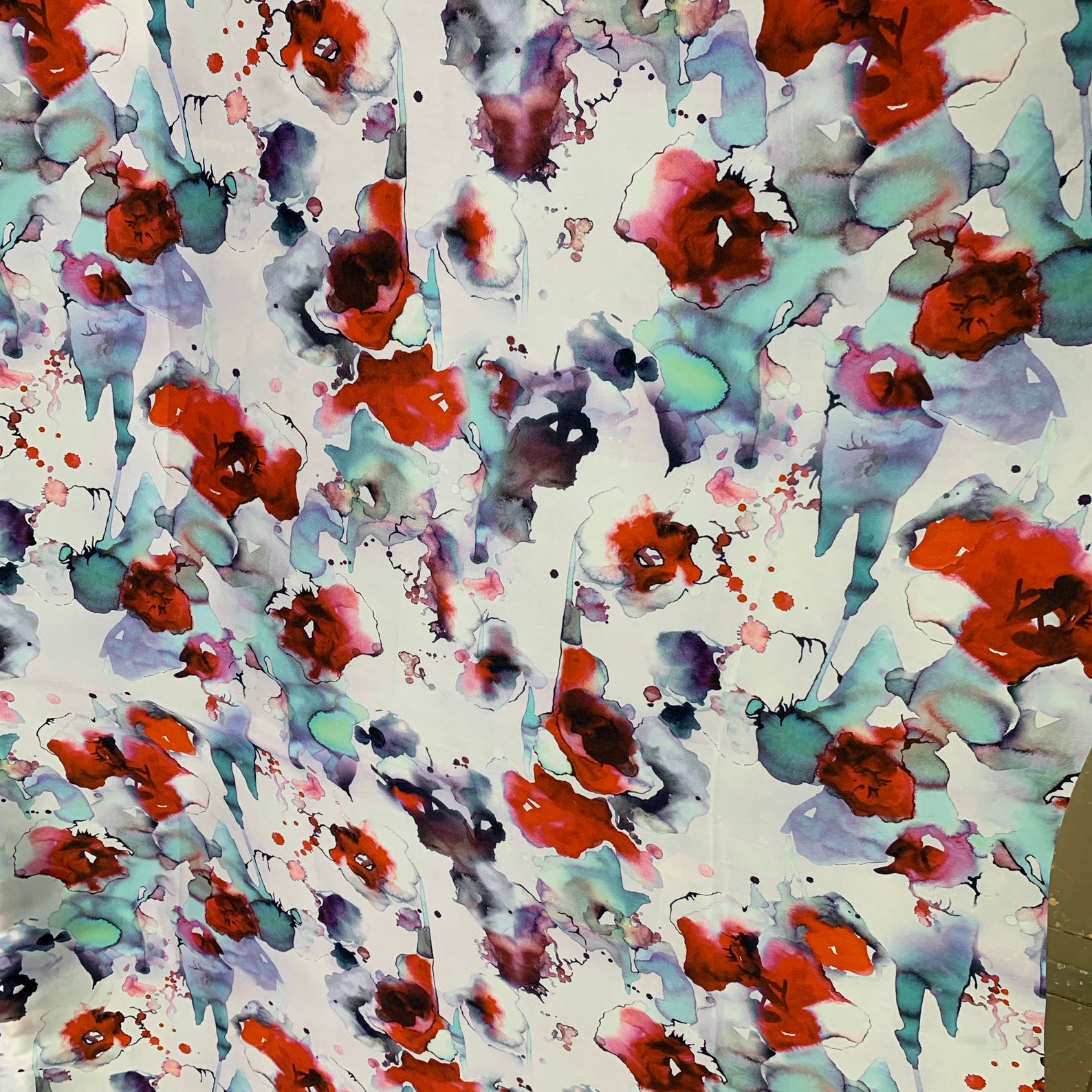 100% Silk Satin Charmouse 54” Wide. Beautiful White Gray Base Floral ...