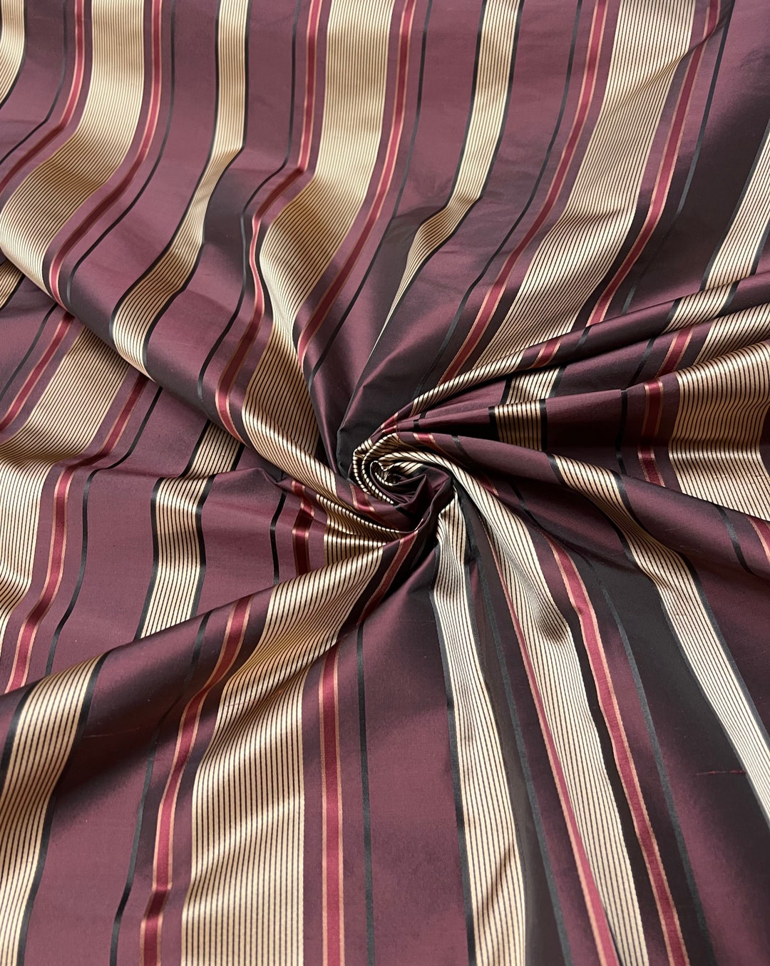 100% Silk Beautiful Butgady Wine Shades With Gold & Black Satin Stripes. Silk Satin Taffeta 54 ...